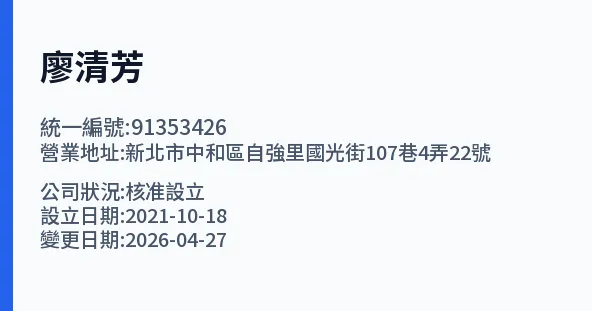 廖清芳的照片-統編 91353426(新北市) 公司登記資料與營業項目詳細圖表