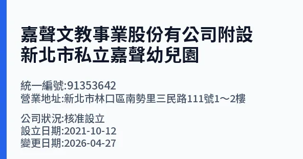 嘉聲文教事業股份有公司附設新北市私立嘉聲幼兒園的照片-統編 91353642(新北市) 公司登記資料與營業項目詳細圖表