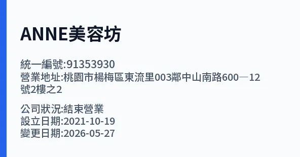 ANNE美容坊的照片-統編 91353930(桃園市) 公司登記資料與營業項目詳細圖表