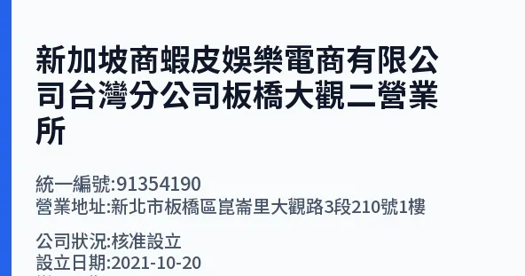 新加坡商蝦皮娛樂電商有限公司台灣分公司板橋大觀二營業所的照片-統編 91354190(新北市) 公司登記資料與營業項目詳細圖表