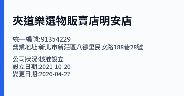 夾道樂選物販賣店明安店的照片-統編 91354229(新北市) 公司登記資料與營業項目詳細圖表