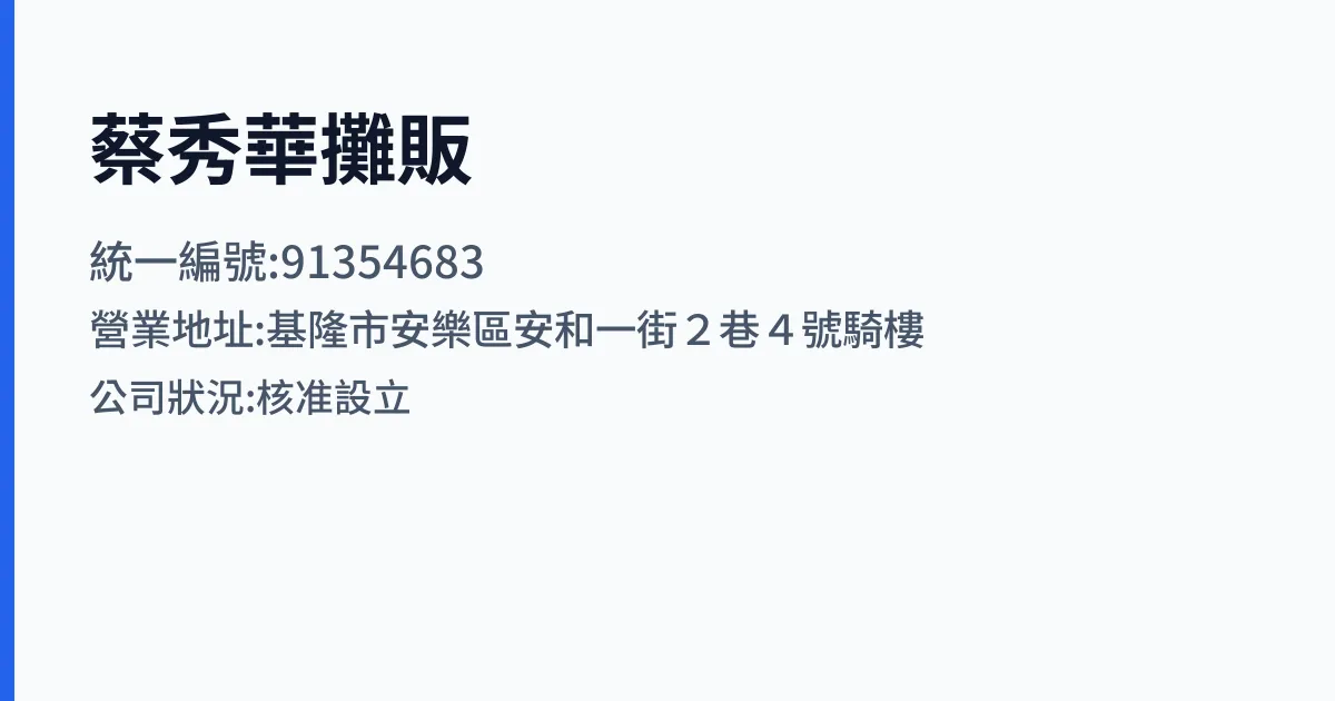 蔡秀華攤販 - 統編 91354683(基隆市) 公司登記資料與營業項目詳細圖表