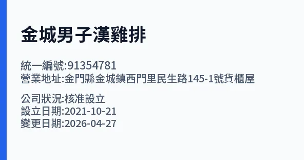 金城男子漢雞排的照片-統編 91354781(金門縣) 公司登記資料與營業項目詳細圖表