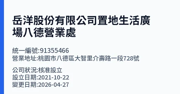 岳洋股份有限公司置地生活廣場八德營業處的照片-統編 91355466(桃園市) 公司登記資料與營業項目詳細圖表