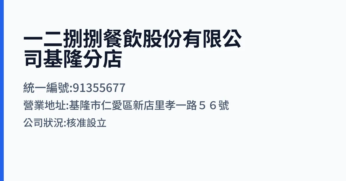 一二捌捌餐飲股份有限公司基隆分店 - 統編 91355677（基隆市） 公司登記資料與營業項目詳細圖表