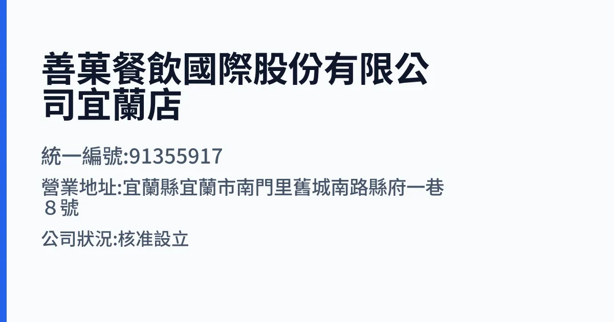 善菓餐飲國際股份有限公司宜蘭店 - 統編 91355917(宜蘭縣) 公司登記資料與營業項目詳細圖表