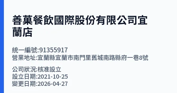 善菓餐飲國際股份有限公司宜蘭店的照片-統編 91355917(宜蘭縣) 公司登記資料與營業項目詳細圖表