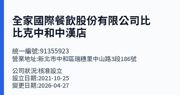 全家國際餐飲股份有限公司比比克中和中漢店的照片-統編 91355923(新北市) 公司登記資料與營業項目詳細圖表