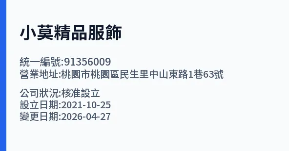 小莫精品服飾的照片-統編 91356009(桃園市) 公司登記資料與營業項目詳細圖表