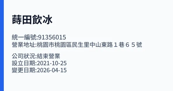 蒔田飲冰的照片-統編 91356015(桃園市) 公司登記資料與營業項目詳細圖表