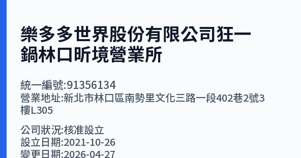 樂多多世界股份有限公司狂一鍋林口昕境營業所的照片-統編 91356134(新北市) 公司登記資料與營業項目詳細圖表