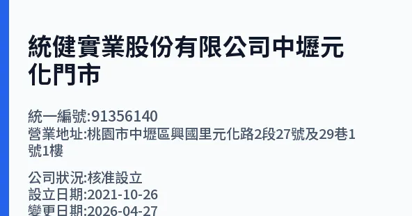 統健實業股份有限公司中壢元化門市的照片-統編 91356140(桃園市) 公司登記資料與營業項目詳細圖表