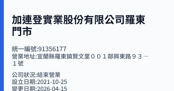 加連登實業股份有限公司羅東門市的照片-統編 91356177(宜蘭縣) 公司登記資料與營業項目詳細圖表