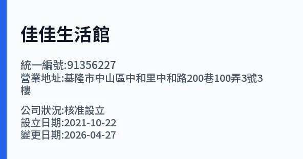 佳佳生活館的照片-統編 91356227(基隆市) 公司登記資料與營業項目詳細圖表