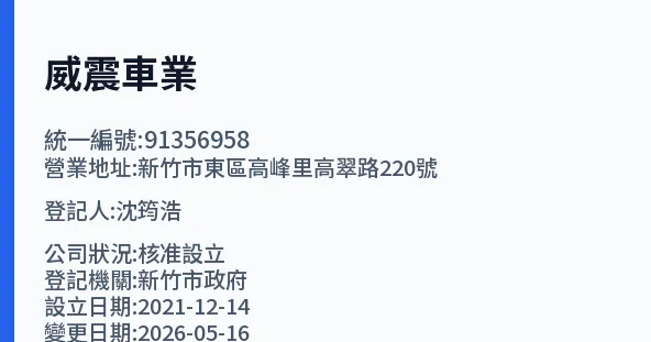 威震車業的照片-統編 91356958(新竹市) 公司登記資料與營業項目詳細圖表