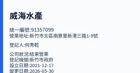 威海水產的照片-統編 91357099(新竹市) 公司登記資料與營業項目詳細圖表