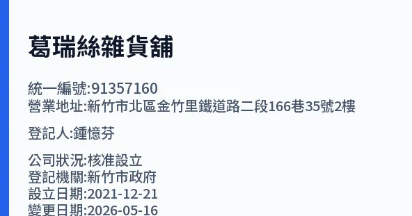 葛瑞絲雜貨舖的照片-統編 91357160(新竹市) 公司登記資料與營業項目詳細圖表