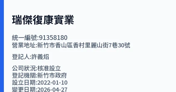 瑞傑復康實業的照片-統編 91358180(新竹市) 公司登記資料與營業項目詳細圖表
