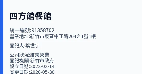 四方館餐館的照片-統編 91358702(新竹市) 公司登記資料與營業項目詳細圖表