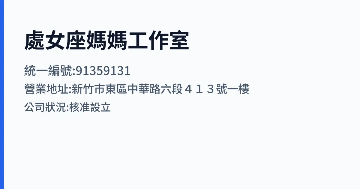 處女座媽媽工作室 - 統編 91359131(新竹市) 公司登記資料與營業項目詳細圖表