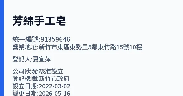 芳綿手工皂的照片-統編 91359646(新竹市) 公司登記資料與營業項目詳細圖表
