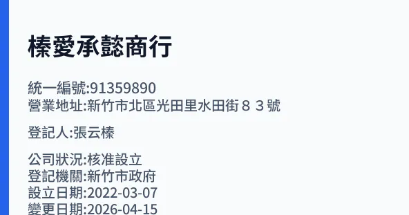 榛愛承懿商行的照片-統編 91359890(新竹市) 公司登記資料與營業項目詳細圖表