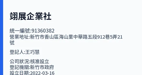 翊展企業社的照片-統編 91360382(新竹市) 公司登記資料與營業項目詳細圖表