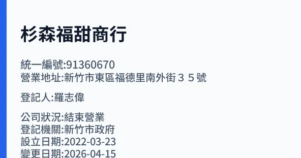 杉森福甜商行的照片-統編 91360670(新竹市) 公司登記資料與營業項目詳細圖表