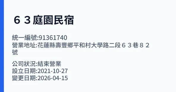 ６３庭園民宿的照片-統編 91361740(花蓮縣) 公司登記資料與營業項目詳細圖表