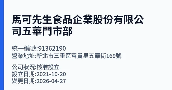 馬可先生食品企業股份有限公司五華門市部的照片-統編 91362190(新北市) 公司登記資料與營業項目詳細圖表