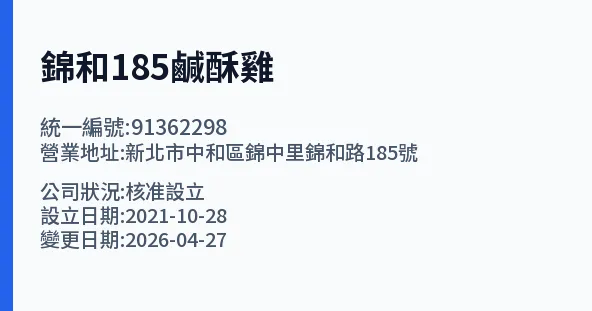 錦和185鹹酥雞的照片-統編 91362298(新北市) 公司登記資料與營業項目詳細圖表