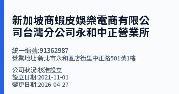 新加坡商蝦皮娛樂電商有限公司台灣分公司永和中正營業所的照片-統編 91362987(新北市) 公司登記資料與營業項目詳細圖表
