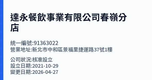 達永餐飲事業有限公司春嶺分店的照片-統編 91363022(新北市) 公司登記資料與營業項目詳細圖表