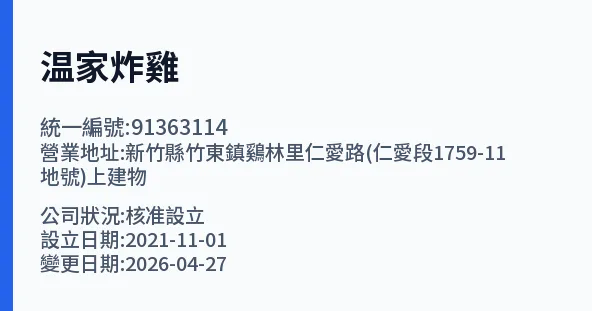 温家炸雞的照片-統編 91363114(新竹縣) 公司登記資料與營業項目詳細圖表