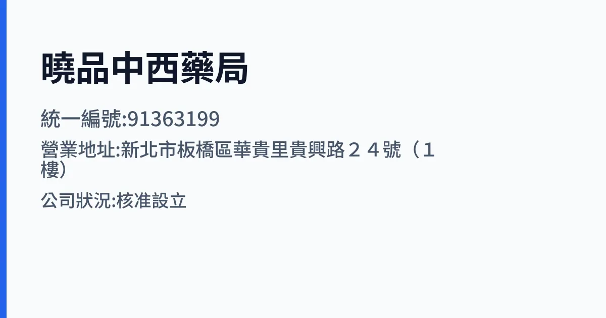 曉品中西藥局 - 統編 91363199(新北市) 公司登記資料與營業項目詳細圖表
