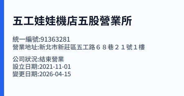 五工娃娃機店五股營業所的照片-統編 91363281(新北市) 公司登記資料與營業項目詳細圖表