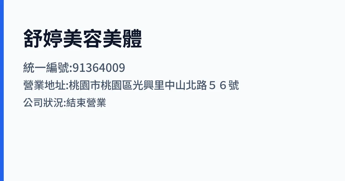 舒婷美容美體 - 統編 91364009(桃園市) 公司登記資料與營業項目詳細圖表