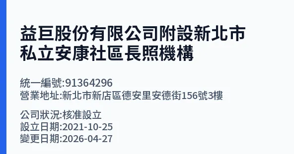 益巨股份有限公司附設新北市私立安康社區長照機構的照片-統編 91364296(新北市) 公司登記資料與營業項目詳細圖表