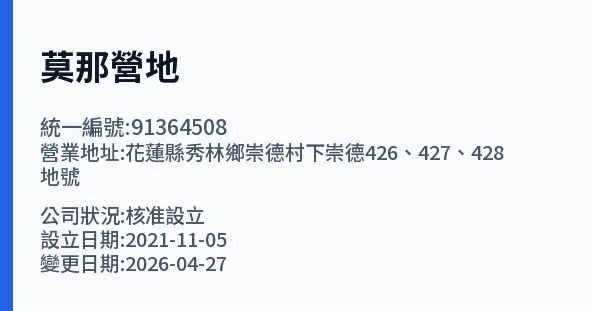 莫那營地的照片-統編 91364508(花蓮縣) 公司登記資料與營業項目詳細圖表