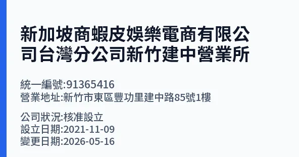新加坡商蝦皮娛樂電商有限公司台灣分公司新竹建中營業所的照片-統編 91365416(新竹市) 公司登記資料與營業項目詳細圖表