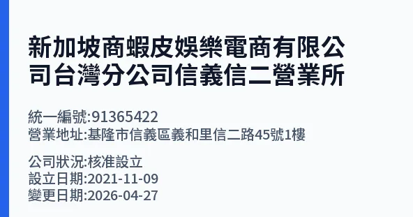 新加坡商蝦皮娛樂電商有限公司台灣分公司信義信二營業所的照片-統編 91365422(基隆市) 公司登記資料與營業項目詳細圖表