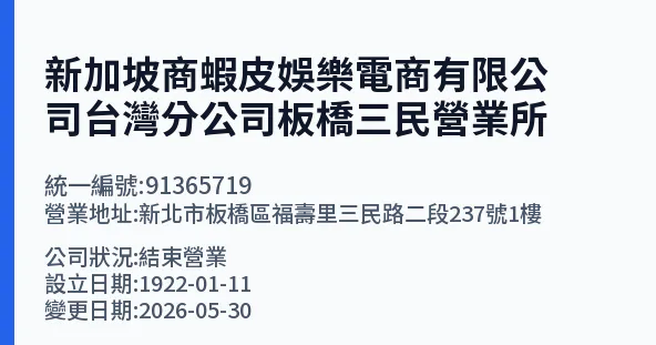 新加坡商蝦皮娛樂電商有限公司台灣分公司板橋三民營業所的照片-統編 91365719(新北市) 公司登記資料與營業項目詳細圖表