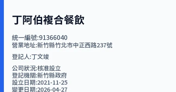 丁阿伯複合餐飲的照片-統編 91366040(新竹縣) 公司登記資料與營業項目詳細圖表