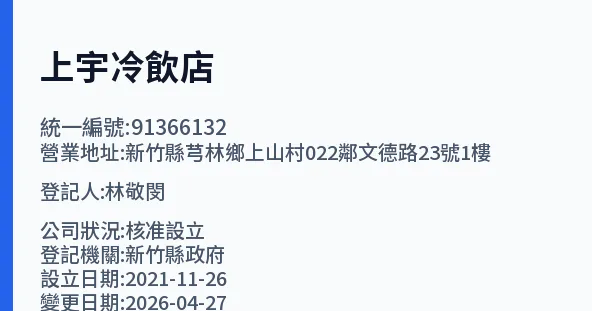 上宇冷飲店的照片-統編 91366132(新竹縣) 公司登記資料與營業項目詳細圖表