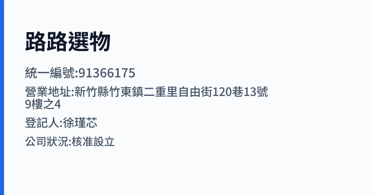 路路選物 - 統編 91366175(新竹縣) 公司登記資料與營業項目詳細圖表
