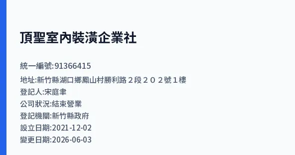 頂聖室內裝潢企業社的照片-統編 91366415(新竹縣) 公司登記資料與營業項目詳細圖表