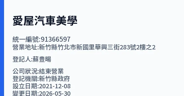 愛屋汽車美學的照片-統編 91366597(新竹縣) 公司登記資料與營業項目詳細圖表