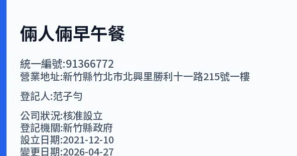 倆人倆早午餐的照片-統編 91366772(新竹縣) 公司登記資料與營業項目詳細圖表