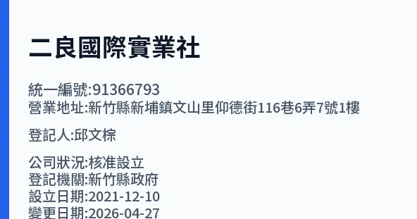二良國際實業社的照片-統編 91366793(新竹縣) 公司登記資料與營業項目詳細圖表
