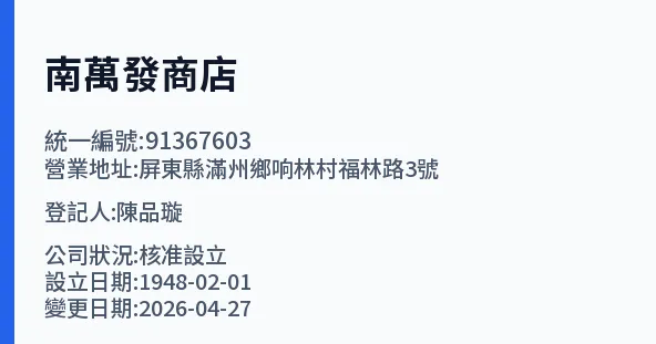 南萬發商店的照片-統編 91367603(屏東縣) 公司登記資料與營業項目詳細圖表